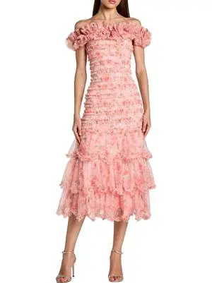 MAC DUGGAL Mac Duggal Floral Off-the-Shoulder Ruffle Midi Dress