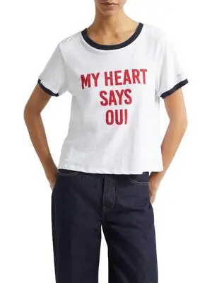 Cinq À Sept My Heart Says Oui" Shrunken Cotton Graphic T-shirt - White Multi