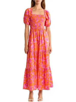 SUGARLIPS Cala Floral Tiered Cotton Maxi Dress - Orange-pinks-multi