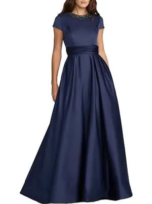 MAC DUGGAL Mac Duggal Embellished Satin Cap Sleeve Gown With Pockets