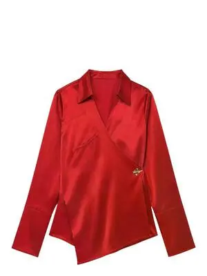 DANAMÉ Satin Wrap Blouse - Red