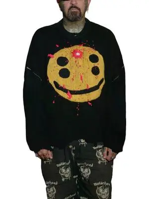 SAINT MXXXXXX Distressed Graphic Intarsia Sweater - Black