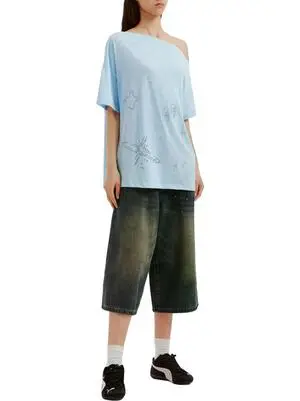 MINI CREAM Rhinestone Embellished Asymmetric Neck Cotton T-shirt - Blue