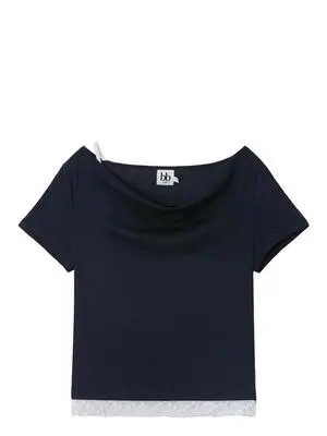 B+AB Lace-trimmed Cowl Neck T-shirt - Blue