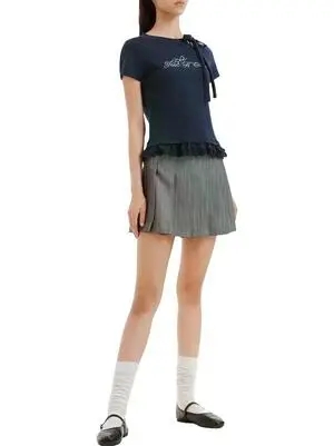 TOUT A COUP Bow-detail Lace-trim T-shirt - Blue