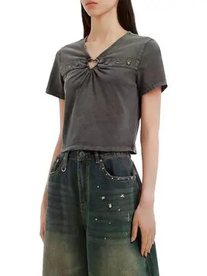 MINI CREAM Stud-embellished Heart-ring Cotton T-shirt - Grey