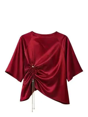 DANAMÉ Ruched Satin Blouse - Red