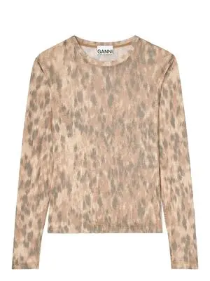 GANNI Long-sleeve Printed Marl Mesh Top - Nude