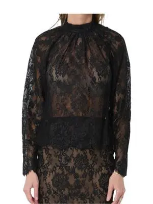 SELF-PORTRAIT Sheer Lace Long Sleeve Top - Black