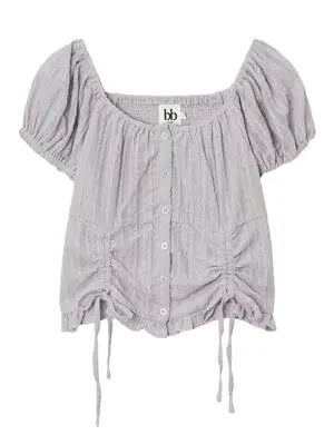 B+AB Ruched Button-front Top With Puff Sleeves - Purple
