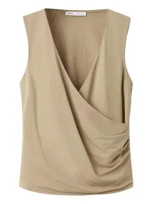 Mango Ruched Faux Wrap Sleeveless Top - Medium Brown