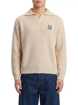 Maison Kitsuné Ribbed Knit Polo Sweater - Cream