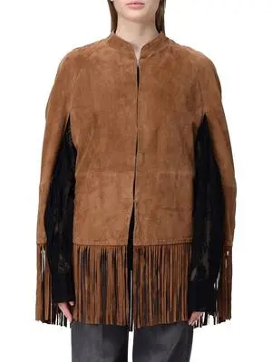 Federica Tosi Suede Cape Jacket With Fringe And Lace - Brown
