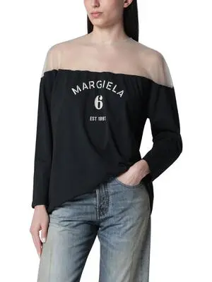MAISON MARGIELA Cotton Jersey Top With Sheer Insert And Logo Print - Black