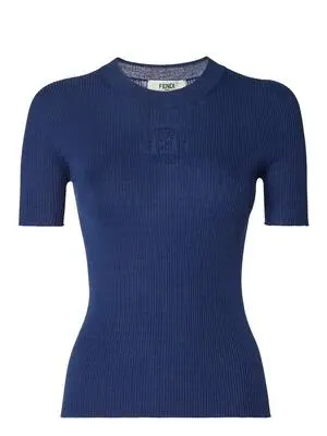 Fendi Ribbed Cotton Jumper With Stamp Motif - Blue