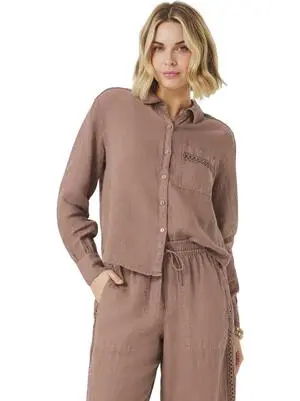 Splendid Stella Linen Button Down Shirt With Eyelet Trim - Wicker