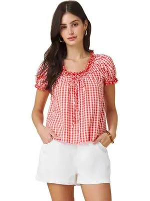 Splendid Gigi Gingham Puff Sleeve Button-up Blouse - Navy/white