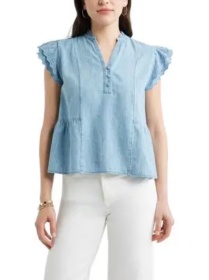 CASLON Caslon Ruffle Eyelet Chambray Top