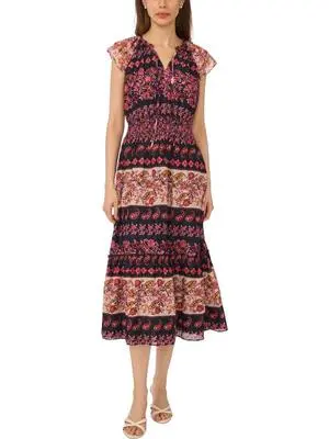 CECE DUPRAZ Print Flutter Sleeve Midi Dress - Rich Black