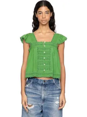 Sea Eliza Embroidered Flutter Sleeve Top - Green