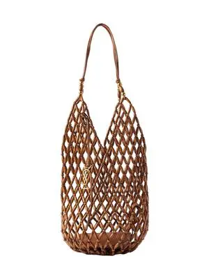 Saint Laurent Beaded Wood Tote With Leather Trim - Brown
