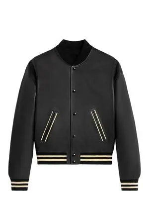 Celine Long-sleeved Leather Jacket With Paris Perforations - Dark/cream White
