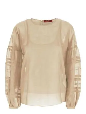 Max Mara Crew Neck Long Sleeve Shirt With Horizontal Pleats - Nude
