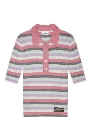 GANNI Striped Sparkle Rib Polo T-shirt - Multicolour