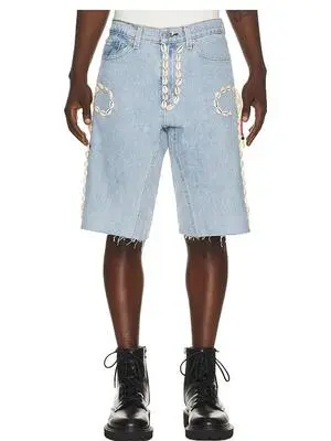 BARRIERS WORLDWIDE Cowrie Shell Embellished Denim Shorts - Blue