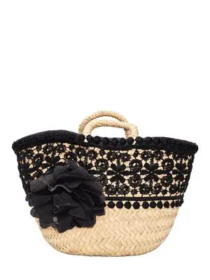 MARIELĒ Marielē Small Woven Straw Beach Bag With Lace Trim