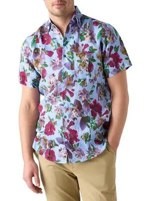 Robert Talbott Morgan Printed Floral Linen Short Sleeve Shirt - Blue