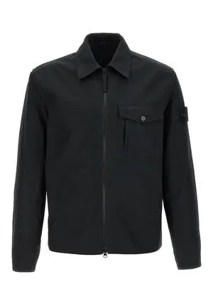 Stone Island Logo Patch Zip-up Overshirt - Black