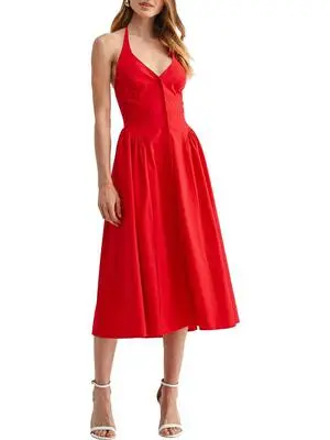 ALL IN FAVOR All In Favor Halter Button-Up Midi Dress Red