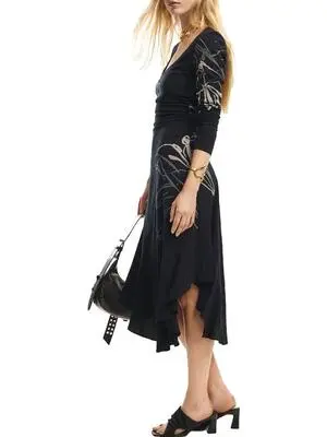 DESIGUAL Desigual Long Sleeve High-Low Printed Midi Dress