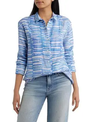 APNY Printed Linen Button-up Shirt - Light Blue Multi