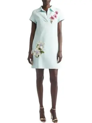 Oscar De La Renta Embroidered Appliqué Stretch Wool Polo Dress - Saltwater