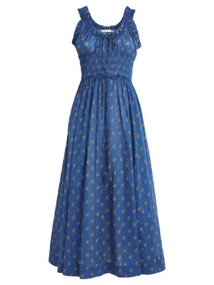 DÔEN Cotton Paisley Gathered Maxi Dress - Blue