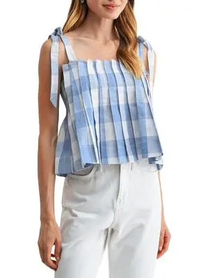 ALL IN FAVOR Pleated Gingham Tie Strap Top - Blue Gingham