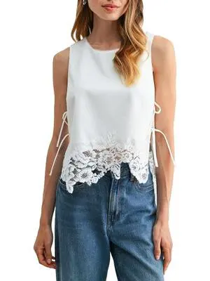 ALL IN FAVOR Lace Hem Side Tie Tank - White