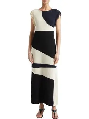 Proenza Schouler Saskia Colorblock Intarsia Textured Fringe Midi Sweater Dress - Sand Multi