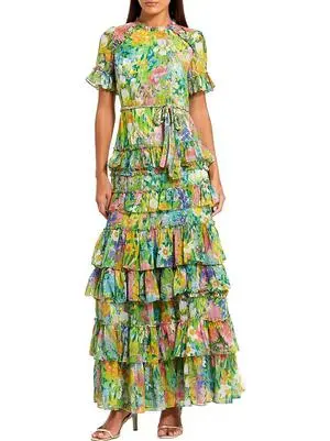 Mac Duggal Tiered Floral Chiffon Maxi Dress - Multi