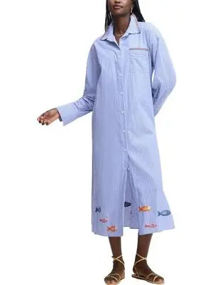 Sam Edelman Embroidered Sequin Oversize Cotton Shirtdress - Periwinkle Shirting