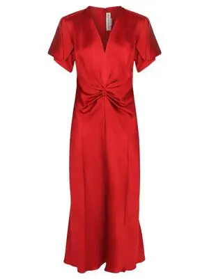 Victoria Beckham Pleated V-neck Midi Dress - Red