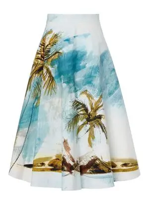 Oscar De La Renta Printed Cotton-blend Poplin Midi Skirt - Blue