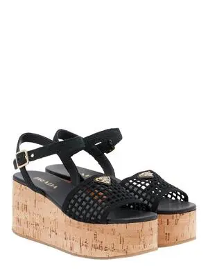 Prada Crochet Wedge Sandals - Black