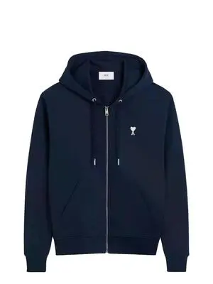 AMI Paris Logo Embroidered Zip-up Hoodie - Blue
