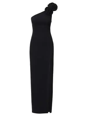 LITA COUTURE Crepe Rosette Appliqué Asymmetric Dress - Black