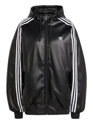 Adidas Oversized Faux Leather Jacket With Drawstring Hood - Black/white