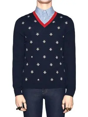 Gucci Bee Print V-neck Sweater - Blue