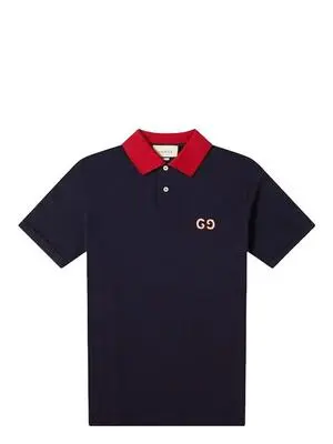 Gucci Gg Logo Embroidered Contrasting Colors Short Sleeve Polo Shirt Navy - Blue